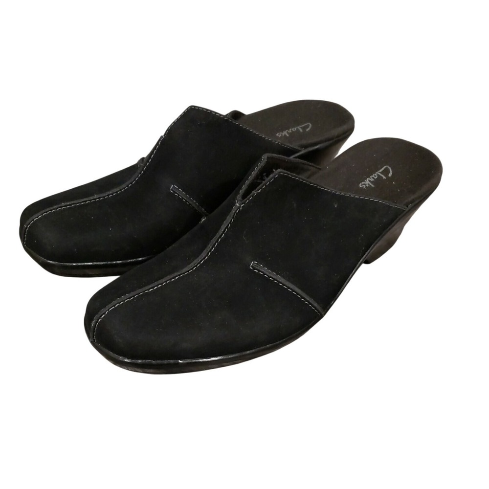 Clarks Black Suede Leather Clogs Mules Comfort Slip O… - Gem